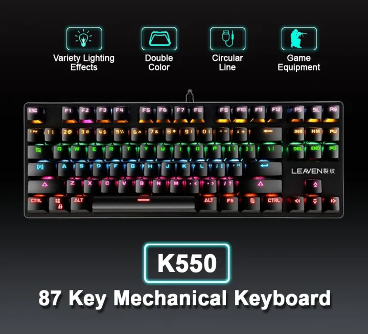 K550 87 Keys Mechanical Keyboard with Colorful Light Effect Blue Switch Gaming Keyboard ...