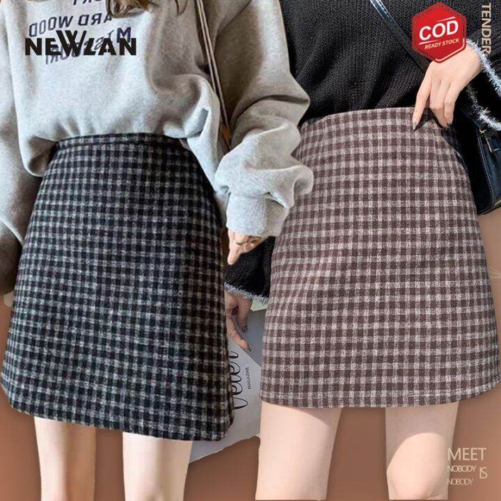 Newlan Dq003 Plaid Skirt Short Korean Model High Waist Slim Hips Plaid