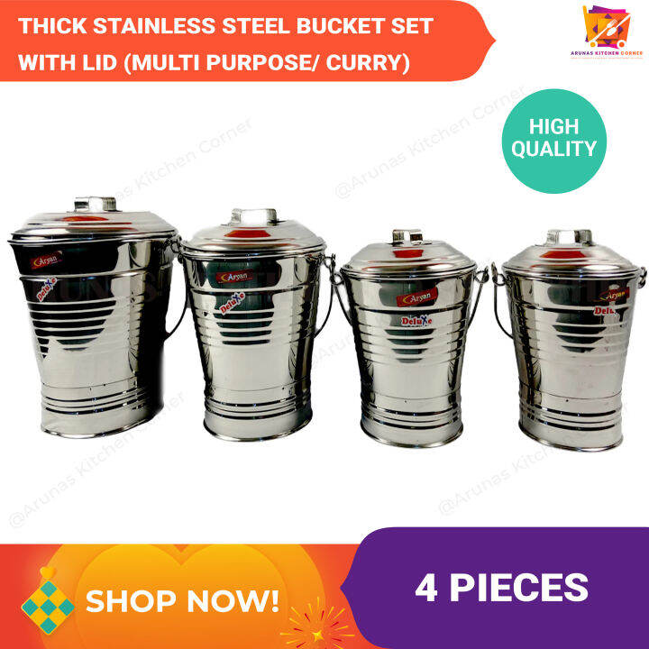 Thick Stainless Steel Bucket Set with Lid (Multi-Purpose/Curry ...