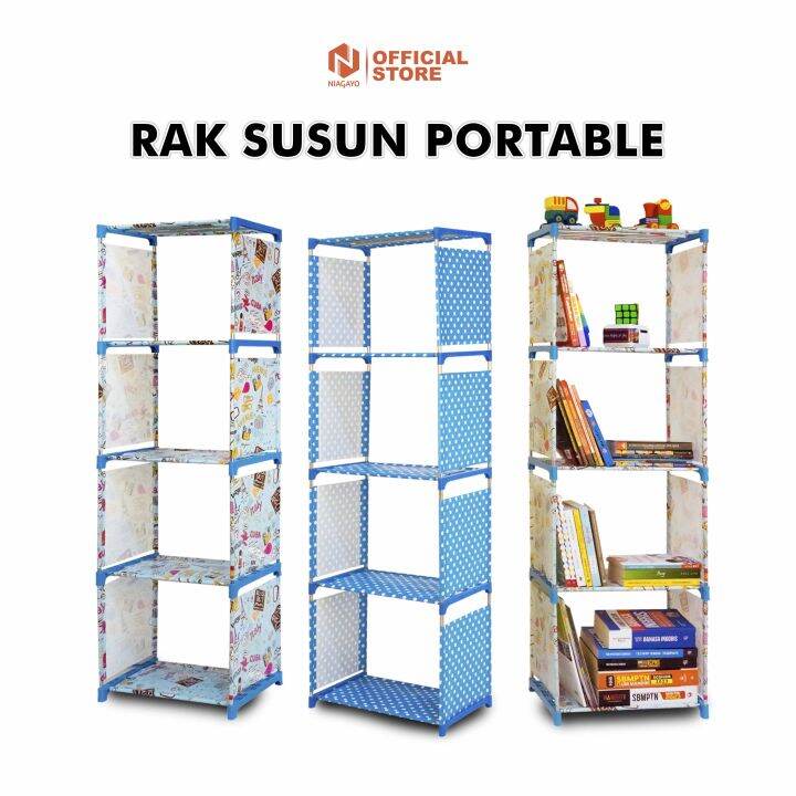 Rak Buku Susun Portable / Lemari Buku 4 Susun Serbaguna Non Woven / Rak ...