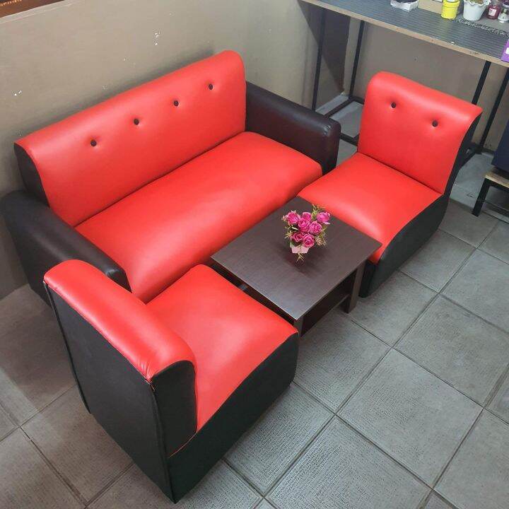 sala set redblack leather with center table uratex foam | Lazada PH