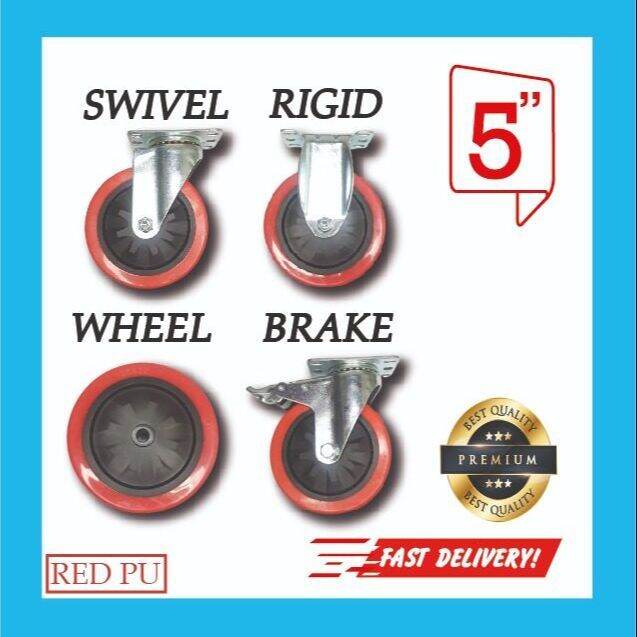 5'' (125mm) HEAVY DUTY RED PU SWIVEL/RIGID/BRAKE CASTOR/CASTER ROLLER ...