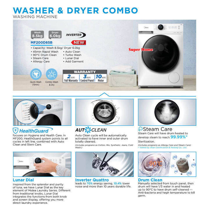 Midea Washer Dryer MF200D85B ((Combo 2 in 1)) Washer (8.5kg) & Dryer ...