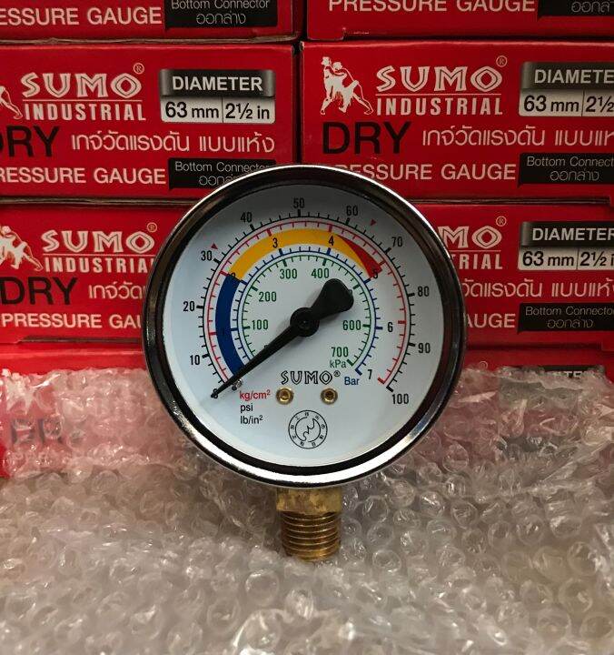 SUMO เกจวัดแรงดัน 7 Bar (100 PSI) ขนาดเกลียว 13 mm. ออกล่าง หน้าปัทม์ 2.5 นิ้ว (63มม.)++ของแท้ ...