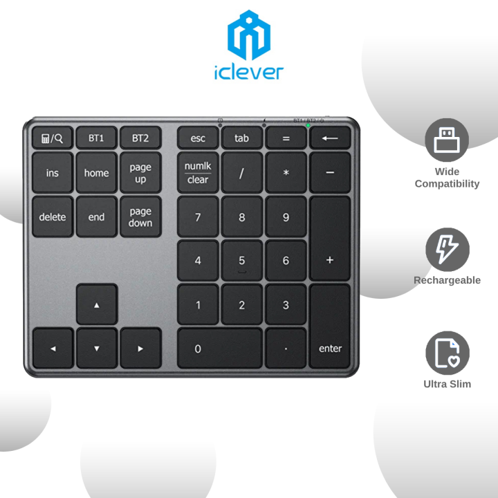 iClever KP10 Bluetooth Number Pad, Multi-Devices Wireless Number Pad, USB-C Rechargeable ...