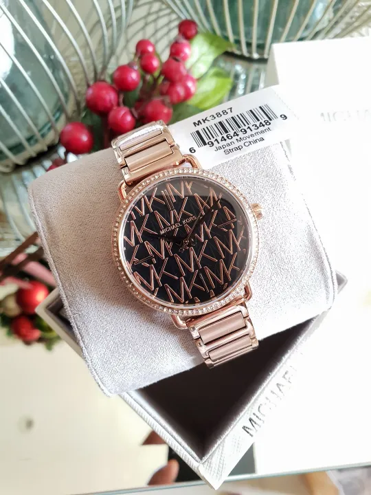 Michael Kors Portia MK Logo Detail in Black Dial Fixed Crystal Bezel ...