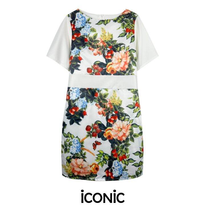 iCONiC VIRGINIA DRESS #9073 ชุดเดรส สีขาว ผ้าไหม พิมพ์ลาย อก38" เอว32 ...