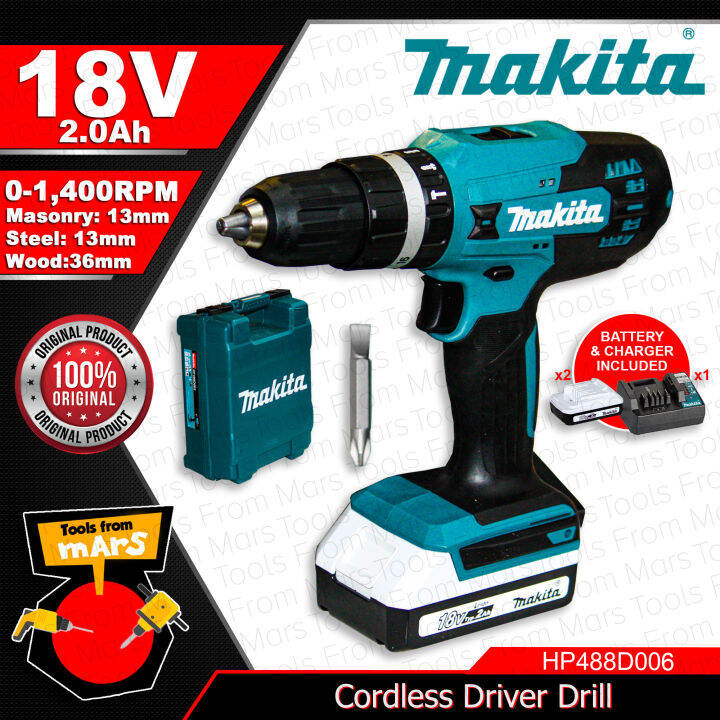 MAKITA Lithium-Ion Li-Ion Cordless Hammer Drill 13mm With 18V 2.0Ah G-Battery & Charger G-Series ...