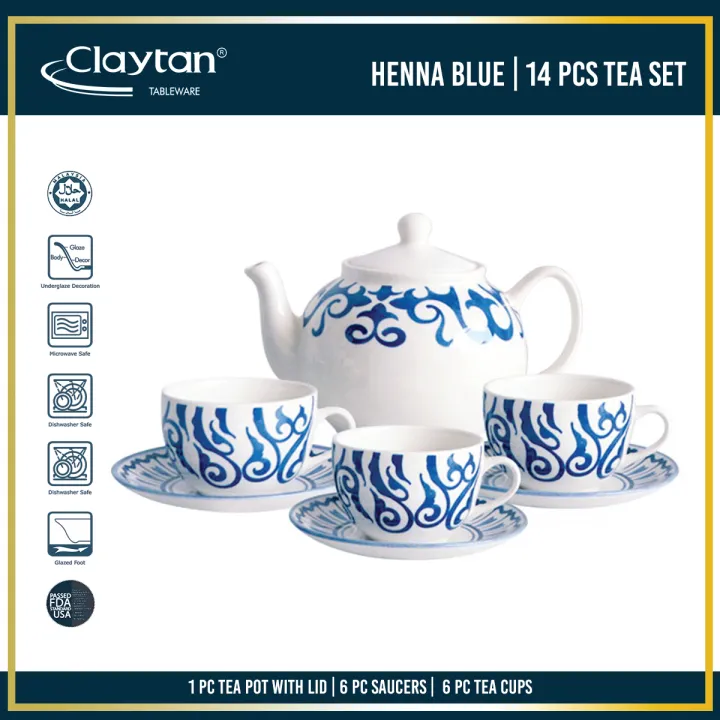 Claytan Henna 14 PCS Ceramic Tea Set | Lead Safe and Microwave Safe ...