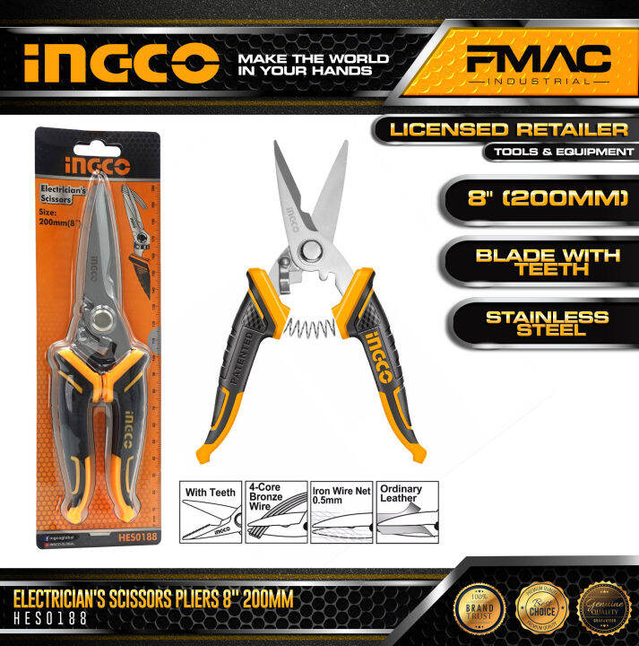 INGCO Original Electrician's Scissors Pliers 8" 200mm HES0188 FMAC⭐⭐⭐⭐⭐ ...