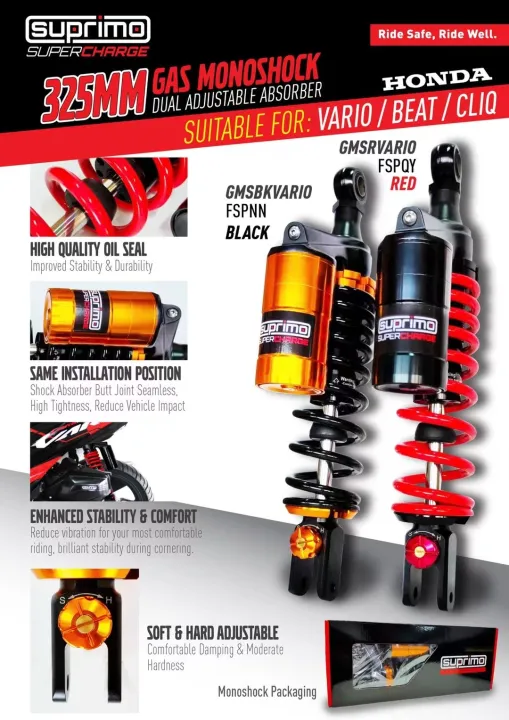 VARIO150/BEAT110/CLICK SUPRIMO DUAL ADJUSTABLE GAS ABSORBER 325MM ...