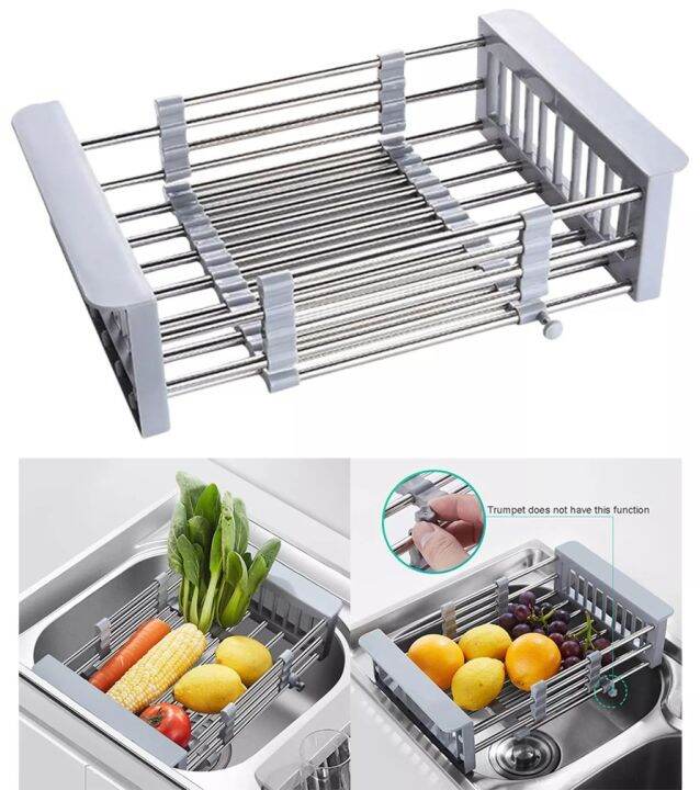 Kitchen retractable drain basket Stainless steel sink water filter rack ...