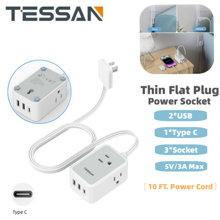 3 Side Flat Plug Power Bar with USB C, 10 Feet Ultra-Thin Flat ...