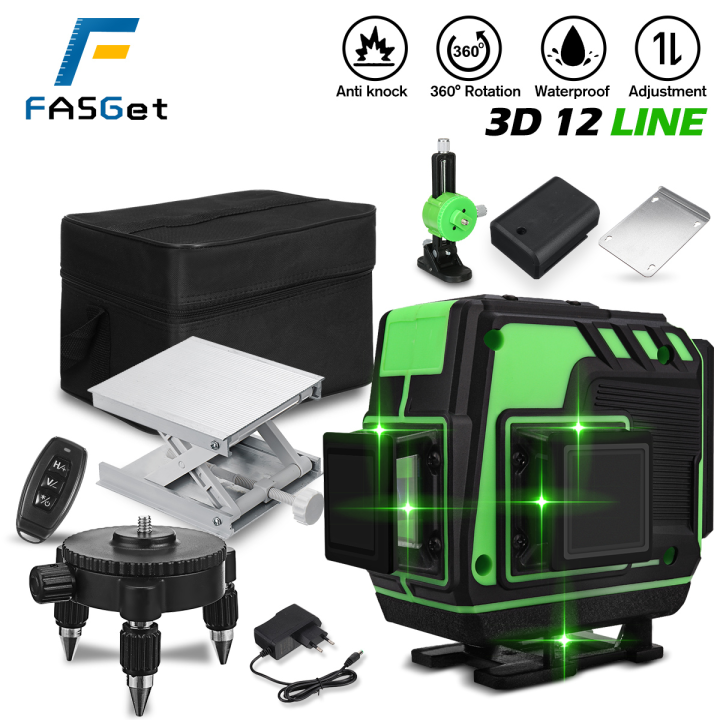 FASGET 12 Lines 3D Auto Self-Leveling 360 Horizontal Adjustment Super Powerful Green Indoors and ...