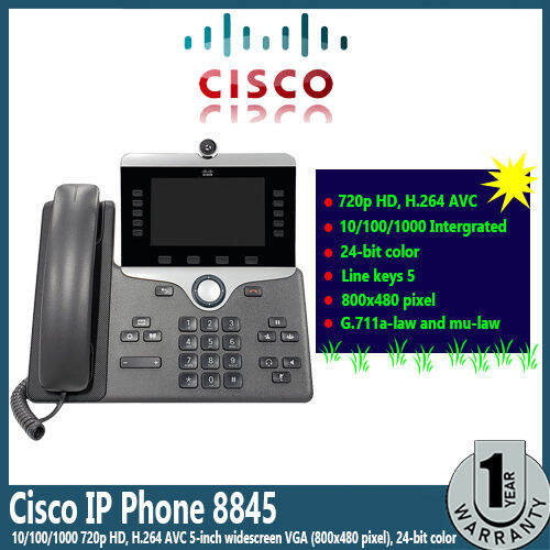 IP Phone 8845 5-inch Widescreen Cisco VGA (800x480 pixel), 24-bit color ...