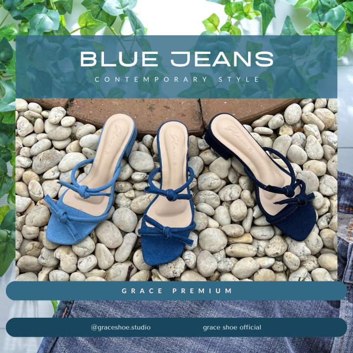 [ส่งเร็วพิเศษ!] รองเท้าเปิดส้น grace GH027 รุ่นส้นสูงยีนส์ปม รองเท้าแตะ ...