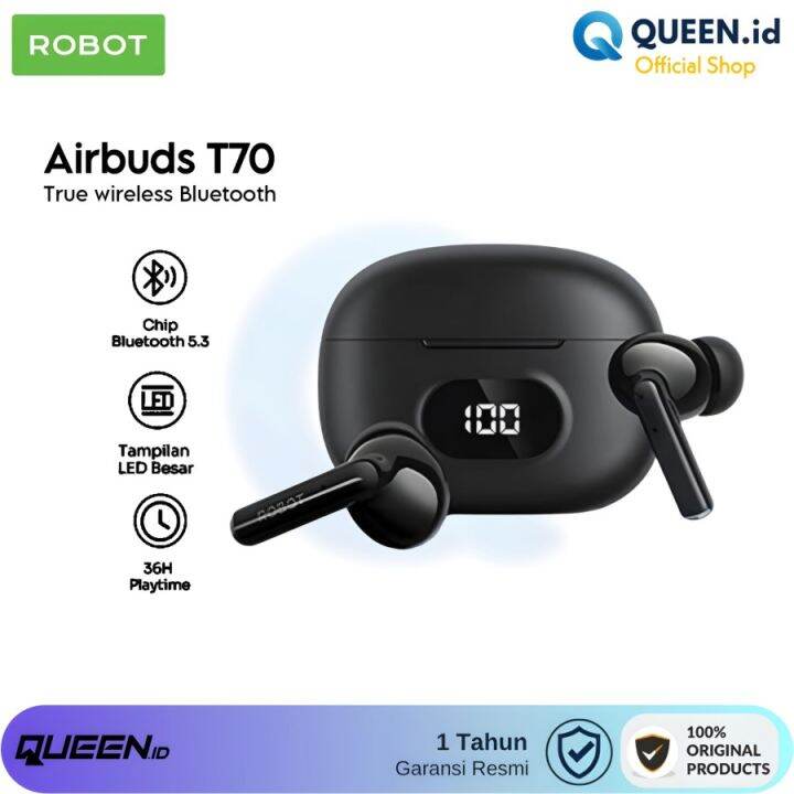 ROBOT T70 TWS True Wireless Earbuds Headset Bluetooth Airbuds LED 5.3 | Lazada Indonesia