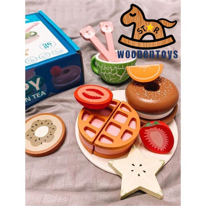 Waffle Wooden pretend Toy afternoon tea set Wooden Pretend Play Afternoon Tea Waffle Donut ...