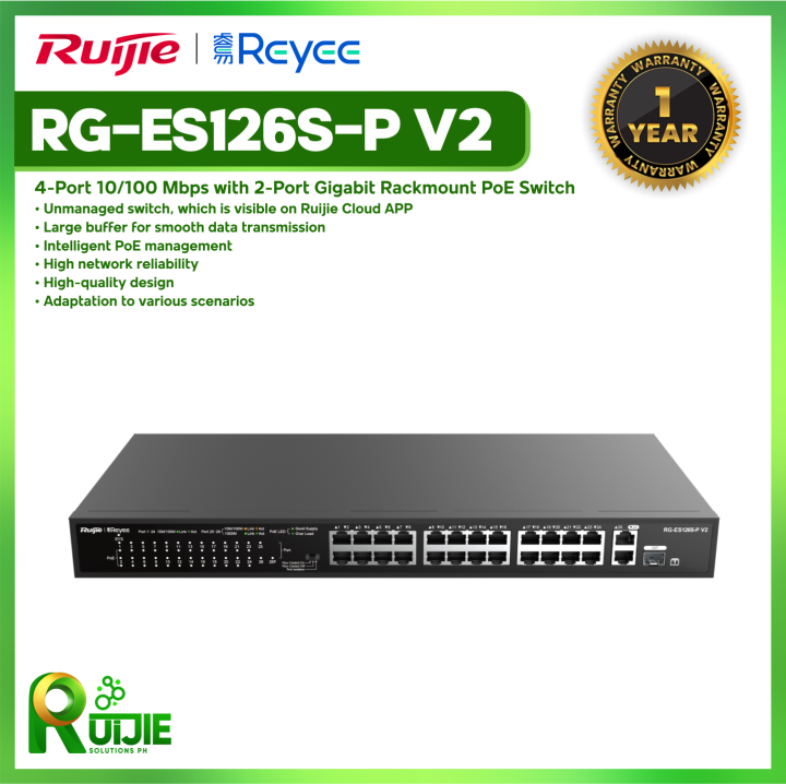 Ruijie RG-ES126S-LP V2, 24-Port 10/100 Mbps with 2-Port Gigabit ...