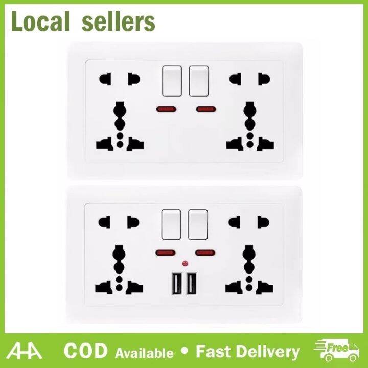 Universal Wall Socket With LED Light Switch 146 Type Dual 5 Holes Socket White PC Panel 13A 250V ...