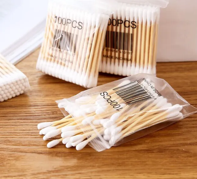 JC 100Pcs/Pack Cotton Swabs Bamboo Stick White with Plastic Wrapper Eco ...