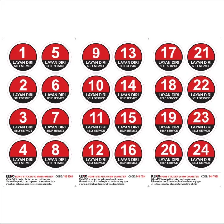 TABLE NUMBERS WITH SELF SERVICE, LAYAN DIRI SIGNS, NUMBER FROM 1 TO 24 ...
