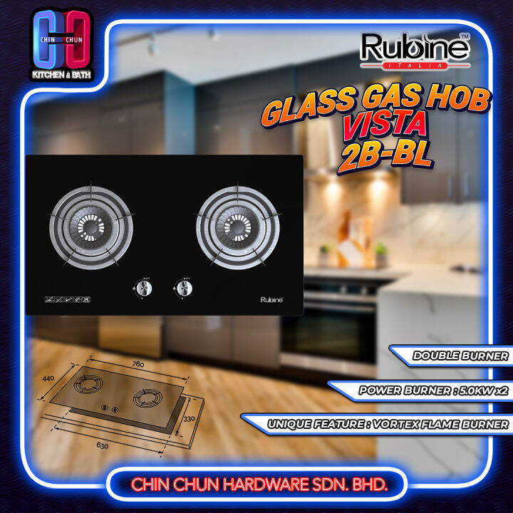 RUBINE GLASS GAS HOB RGH-VISTA-2B-BL | STAINLESS STEEL HOB | TWO BURNER ...