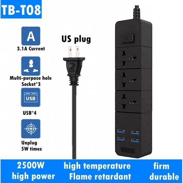 ☜TB-T08 3.1A Universal Power Socket Extension With 3 AC Sockets 4 USB ...