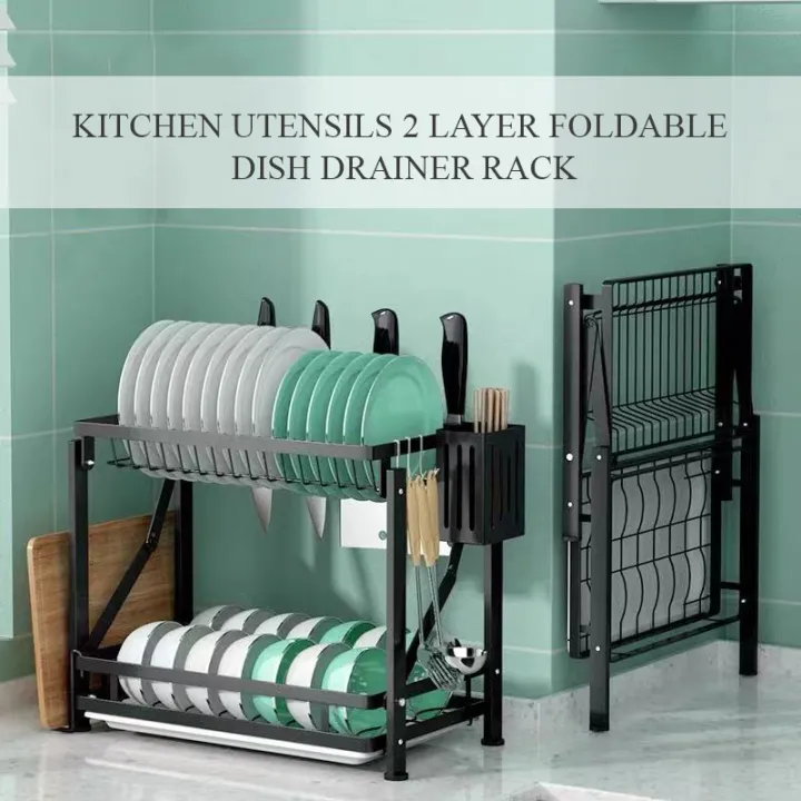 KITCHEN UTENSILS 2 LAYER FOLDABLE WALL MOUNTED DISH DRAINER RACK ...