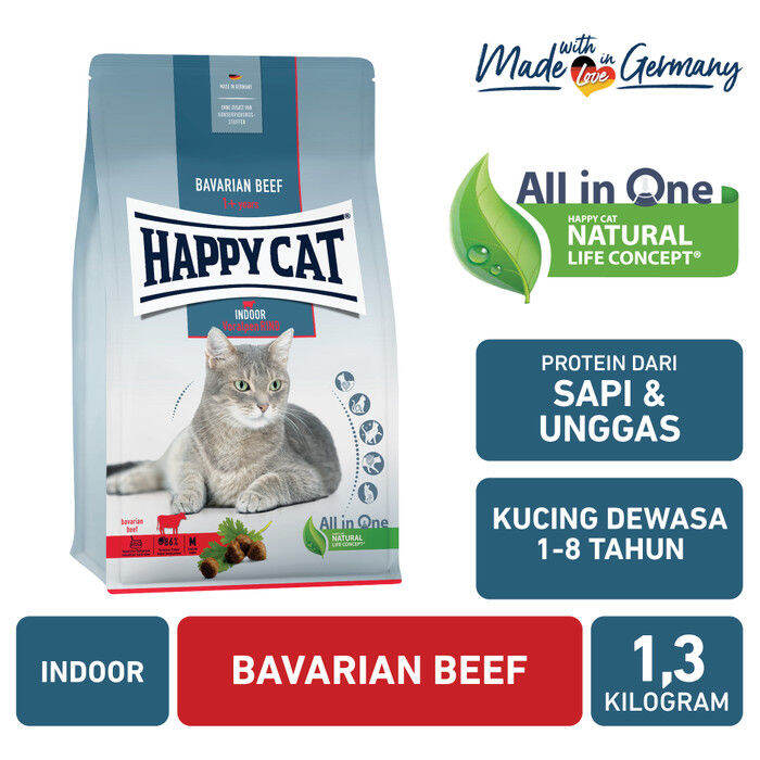 Happy Cat Makanan Kucing Dewasa Indoor Bavarian Beef 1.3kg | Lazada ...
