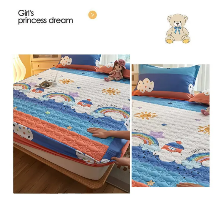 Monqiqiชุดผ้าปู ผ้าคลุมเตียง5/6ฟุต+ผ้าหมอน*2 แผ่นผ้าฝ้าย ฝาครอบกันฝุ่น แผ่นชุด ผ้าลื่นผ้าคลุม ...