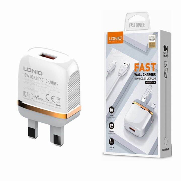 LDNIO A1307Q 18W QC3.0 Fast Charge Charger UK Plug Free Micro IP TYPE-C ...
