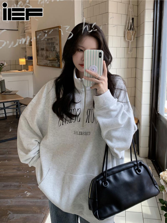 IEF 2023ตัวอักษรเกาหลีพิมพ์เสื้อยืดโปโลคอปกแขนยาวเสื้อกันหนาวหมวกหลวมขนาดเรียบง่ายด้านบน ...