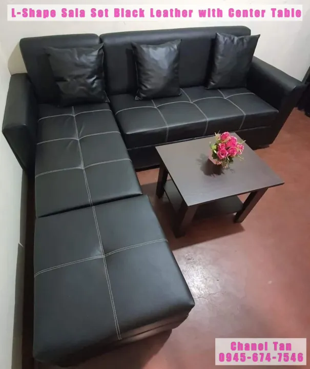 lshape sala set black leather with center table | Lazada PH