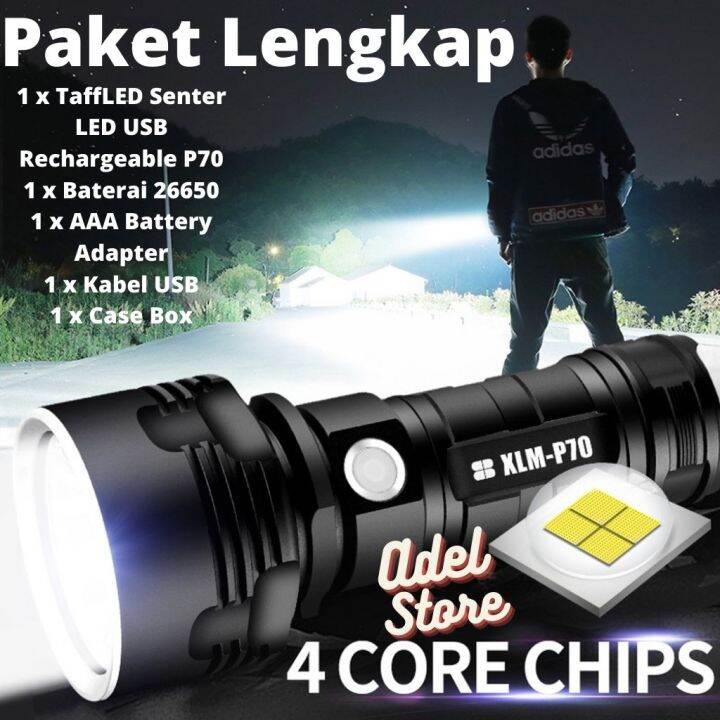 Senter LED Super Kuat Aluminium,Lampu Senter Taktis P70 USB Tahan Air Ultra Terang, Senter ...