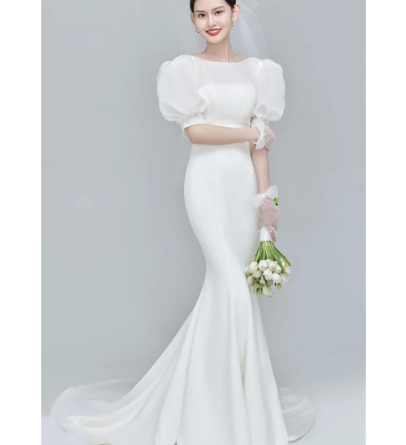 Gaun pernikahan untuk prawedding warna putih model mermaid | Lazada ...