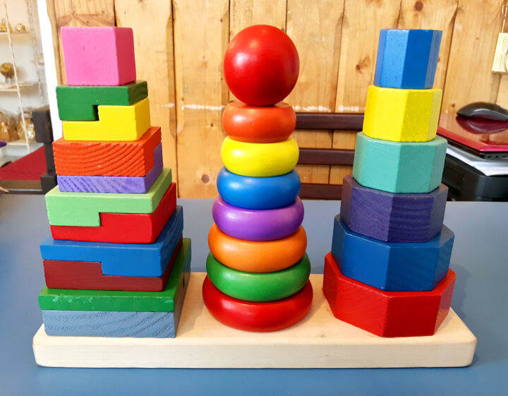 Large Big Wooden Geometric Shapes Sorting Stacking Toy Set - Early ...