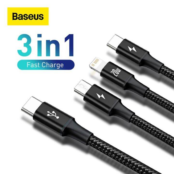 Baseus 20W PD 3 In 1 USB Type C Micro Lightning Data Cable สายชาร์จ ...