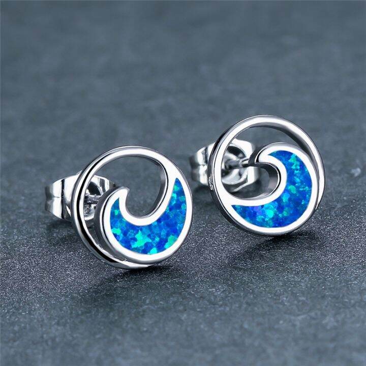 [Receive Yali]ต่างหูหินโอปอลสีขาวสีน้ำเงินต่างหูแบบคลาสสิกลายคลื่นทะเลต่างหูเม็ดกลมสีเงินอัน ...