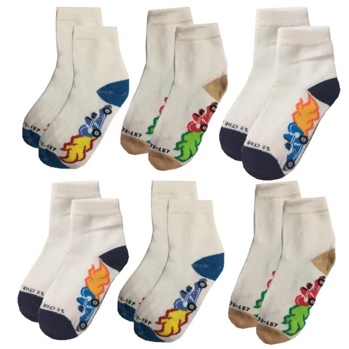 6 Pairs White with Car Design Socks for Children Crew Socks for Kids ...
