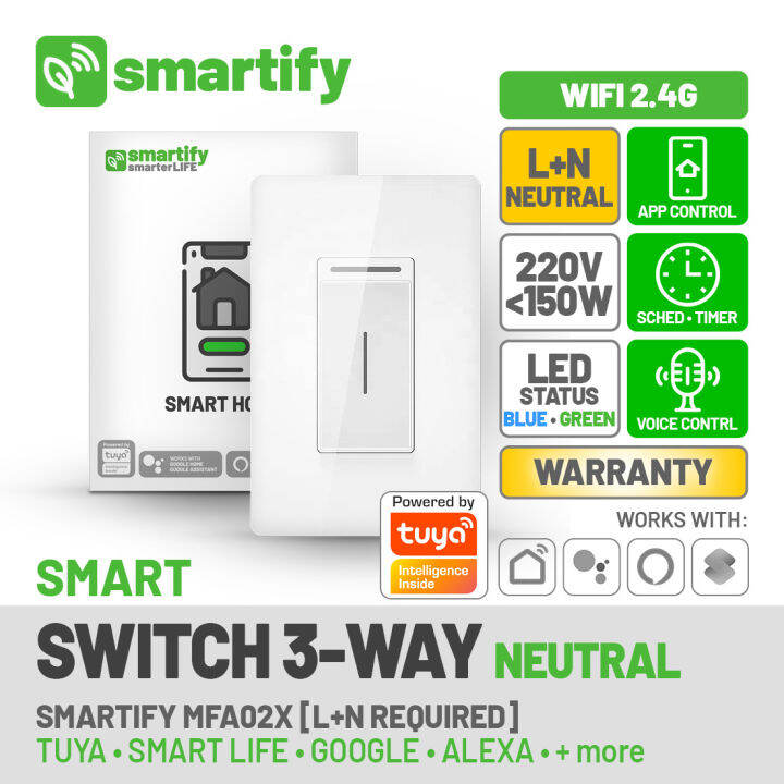 SMARTIFY WIFI Light Switch 3 WAY 1 Gang NEUTRAL (MFA02X NO HUB 220V | Voice, Schedule) TUYA ...