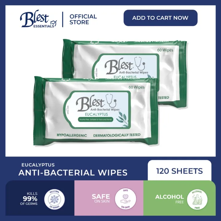 Blest Anti-Bacterial Wipes 60 Sheets x 2 Packs (120 Sheets) Eucalyptus ...