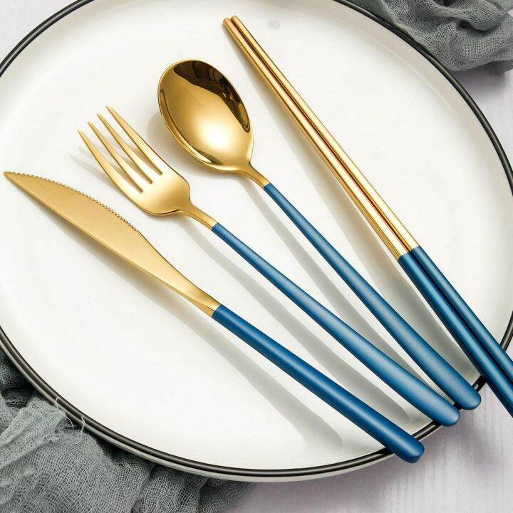 ♘Stainless Steel Cutlery Dinnerware Flatware set Chopsticks Fork Dinner Knife Spoon Four Sets of ...