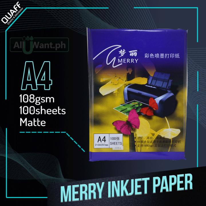 Matte Inkjet Paper A4 Size QUAFF & MERRY Brand 108gsm (100sheets/pack ...