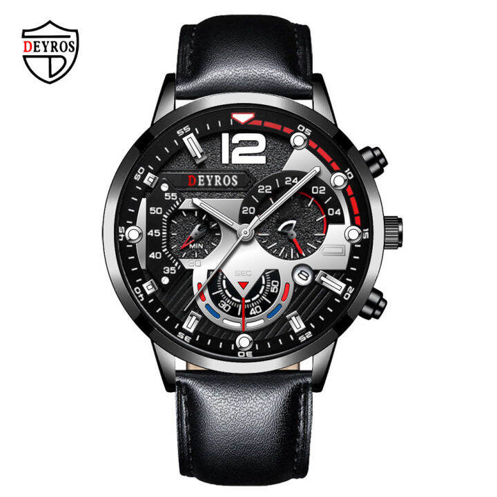 DEYROS นาฬิกาใหม่ผู้ชายปฏิทินนาฬิกานาฬิกาสำหรับผู้ชายปฏิทินสายหนัง ...
