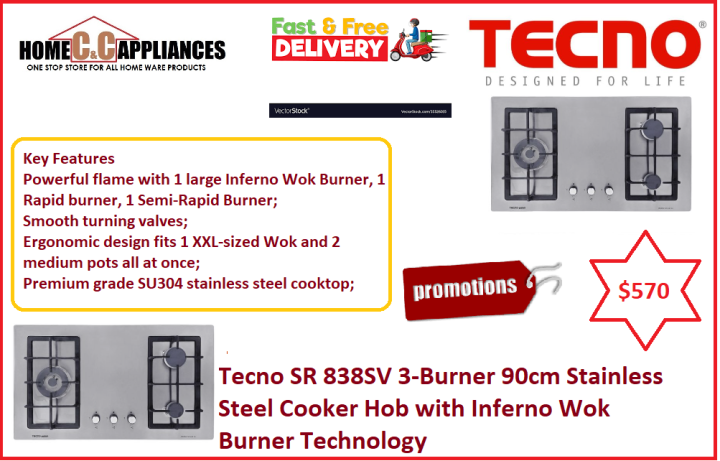 TECNO SR838SV Tecno 3-Burner 90cm Stainless Steel Cooker Hob with ...