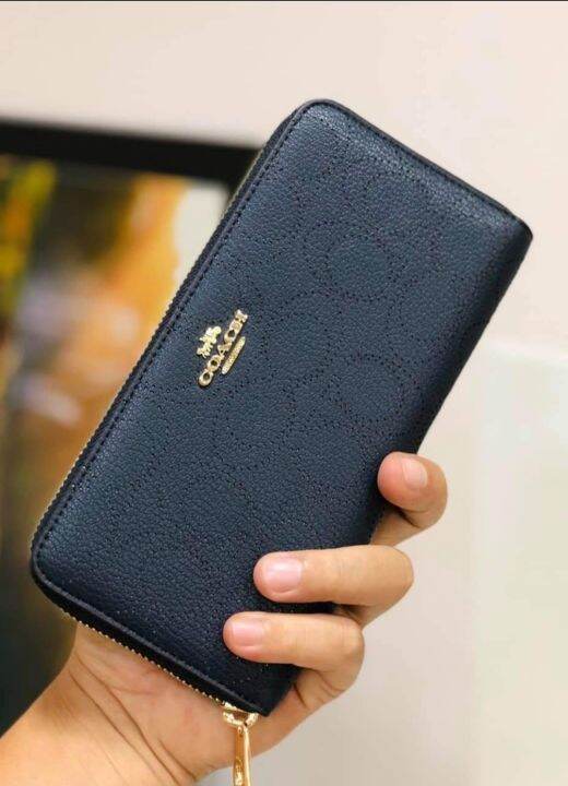 Coach C4715 Long Zip Around Wallet in Midnight Signature Perforated Leather and Smooth Leather ...