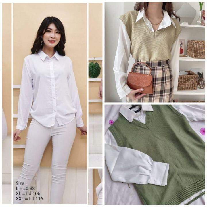Set OOTD Rompi Rajut+Kameja Panjang Putih/Stelan Rompi Rajut Kekinian ...