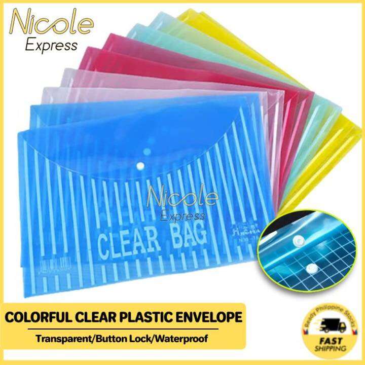 Colorful Clear Plastic Envelope Button Snap File, Document Bag School ...