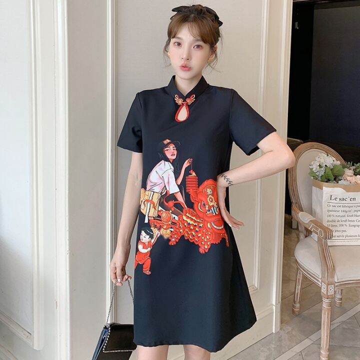 STANLEY Coco ขนาดพิเศษปี M-4XL 2022ชุดกี่เพ้าแฟชั่นสีส้มดำชุดเดรสแขนสั้นผู้หญิงเสื้อผ้าจีนโบราณ ...